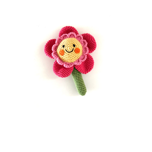 Pebble Friendly flower rattle with stem hot pink – Rockaway Toys